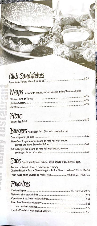Menu at Three Star Family Restaurant, North Collins, Main St