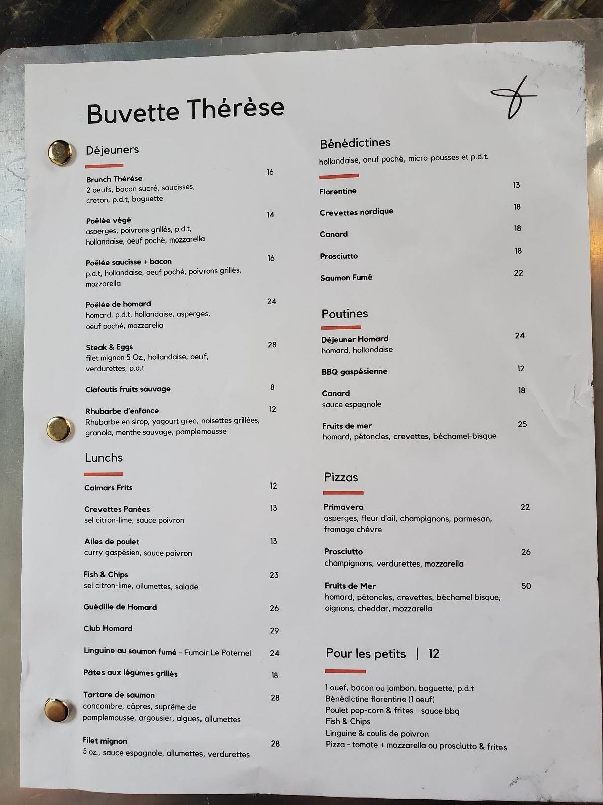 Menu au Buvette Thérèse pub et bar, Percé