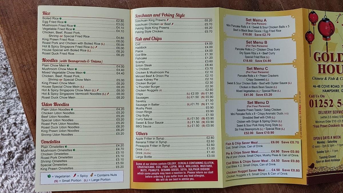 Menu at Golden House fast food, Farnborough