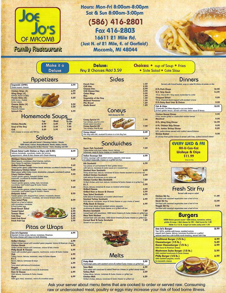 Menu at Joe Jo's restaurant, Shelby charter Township