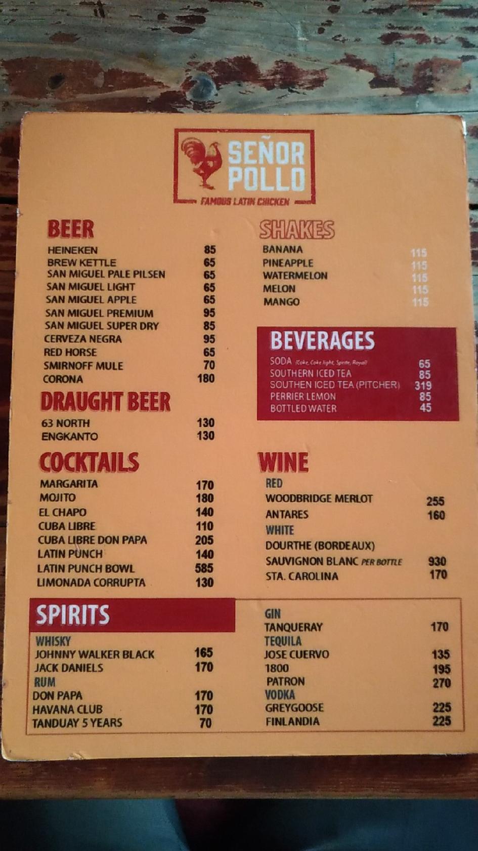 Menu at Señor Pollo restaurant, Makati, Ebro