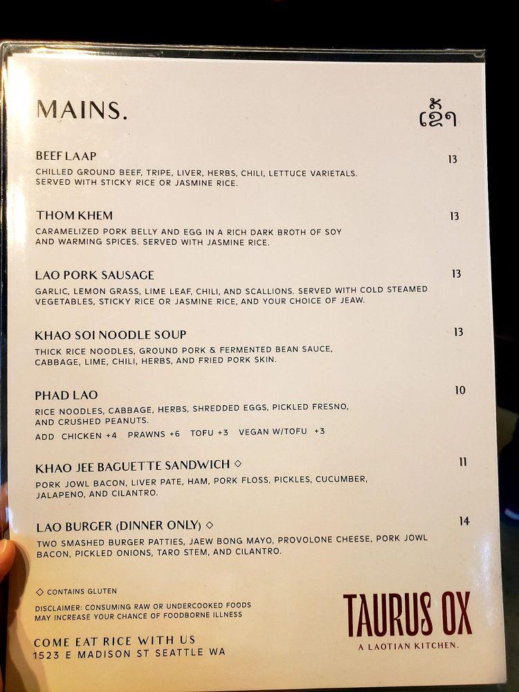 Menu at Taurus Ox restaurant, Seattle, E Madison St