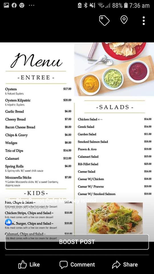 Menu at The Blue Parrot Café restaurant, Macleay Island