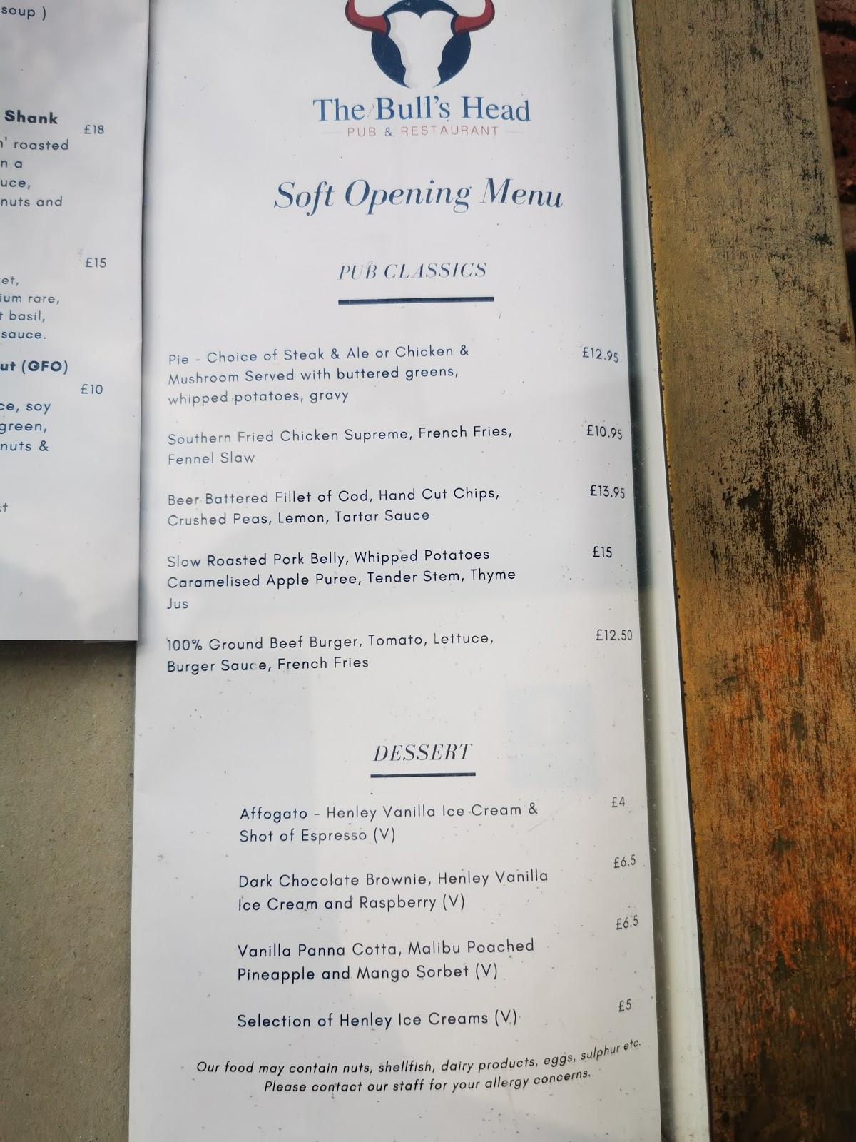 Menu at The Bull's Head pub & bar, Henley-in-Arden
