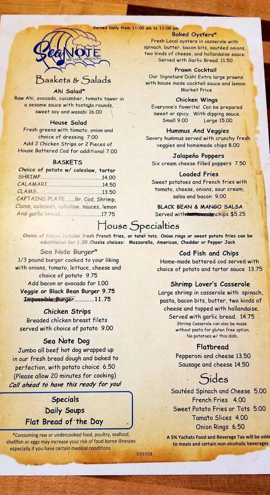 Menu at The Sea Note Restaurant & Lounge, Yachats