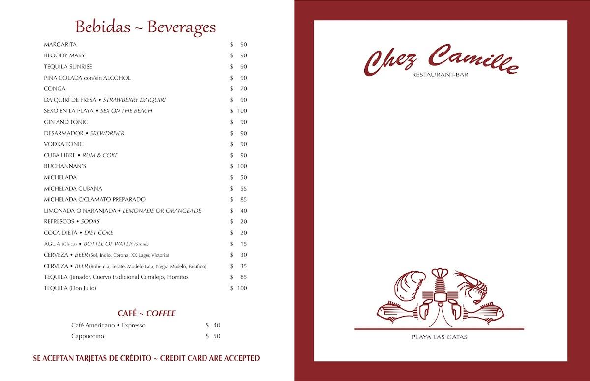 Carta del restaurante Chez Camille, Zihuatanejo