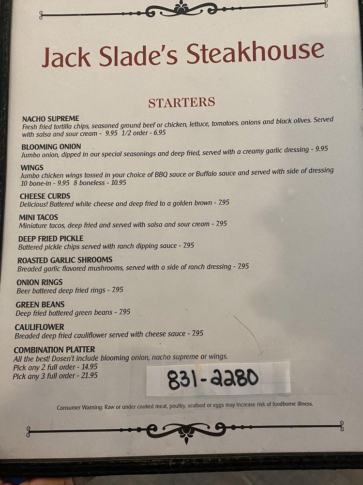 Menu at Jack Slades Steakhouse, Windom