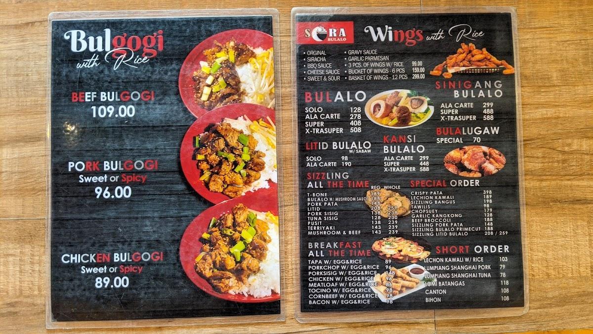 Menu at Sora Bulalo restaurant, Talisay
