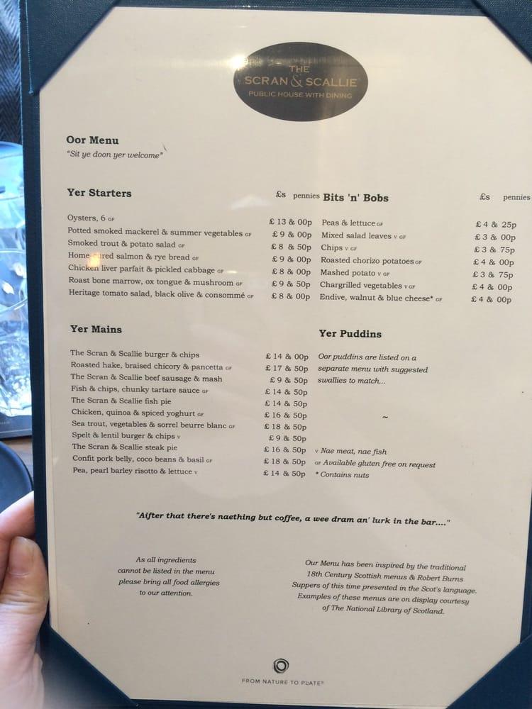Menu at The Scran and Scallie pub & bar, Edinburgh
