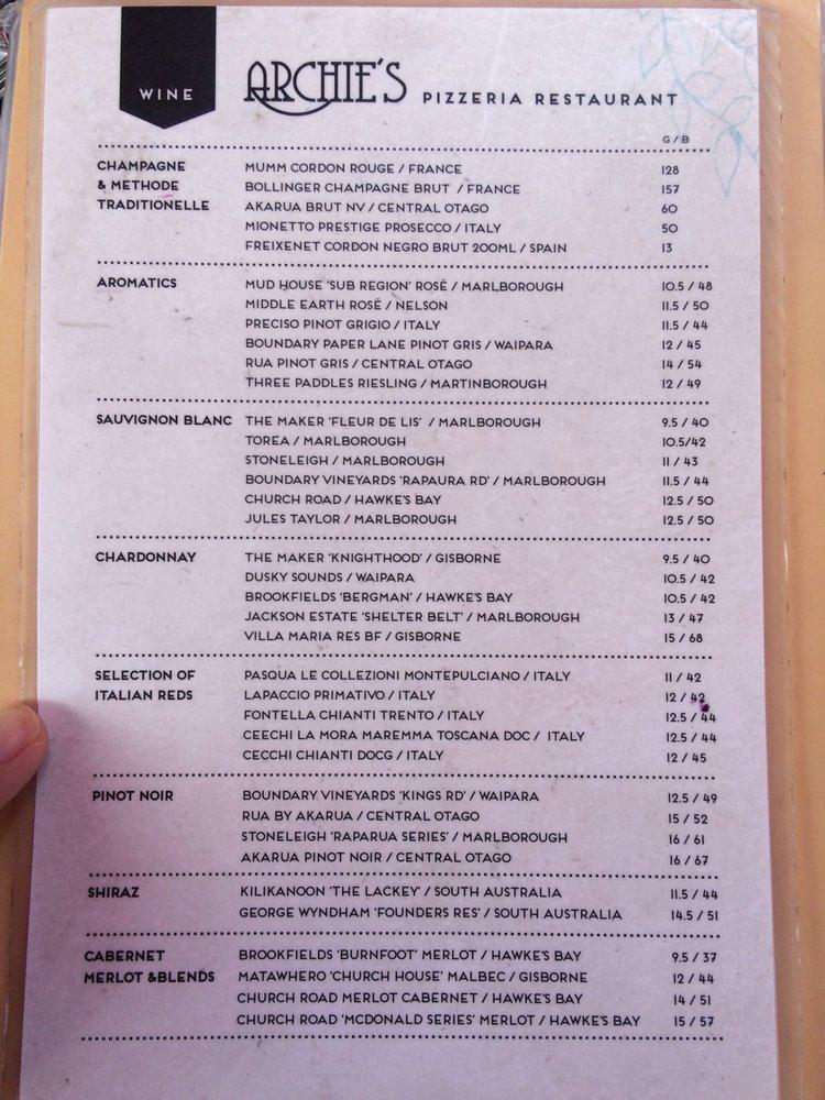 Menu at Archie's Restaurant & Pizzeria, Auckland