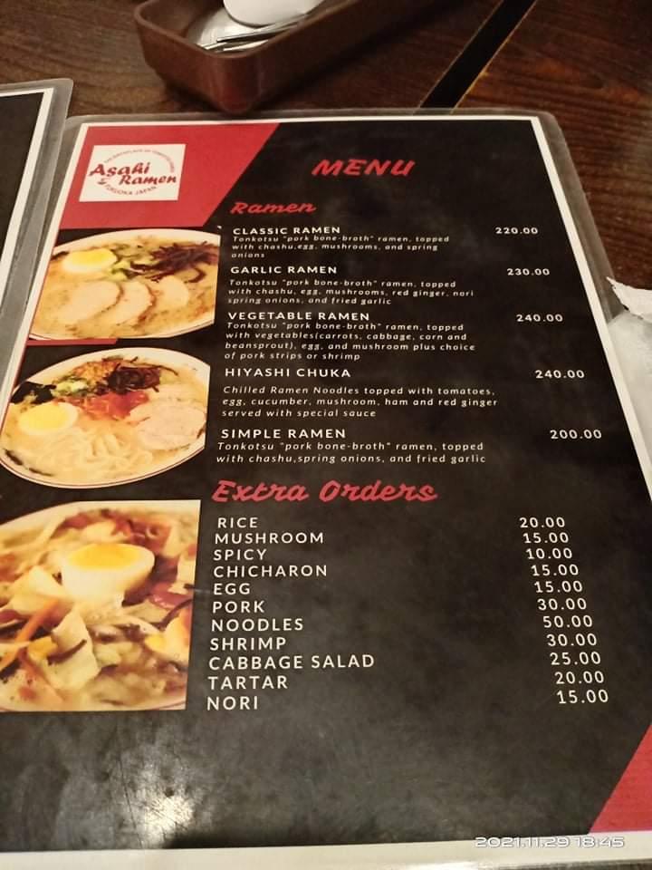 Menu at Asahi Ramen Japanese Restaurant, Tagum City