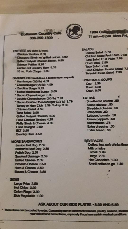 Menu at Coliseum Country Cafe, Greensboro