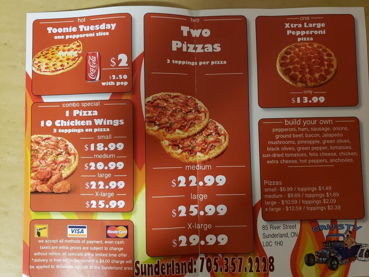 Menu at Crusty Pizza restaurant, Sunderland