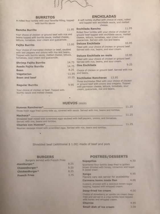 Menu at El Rancho restaurant, Montesano