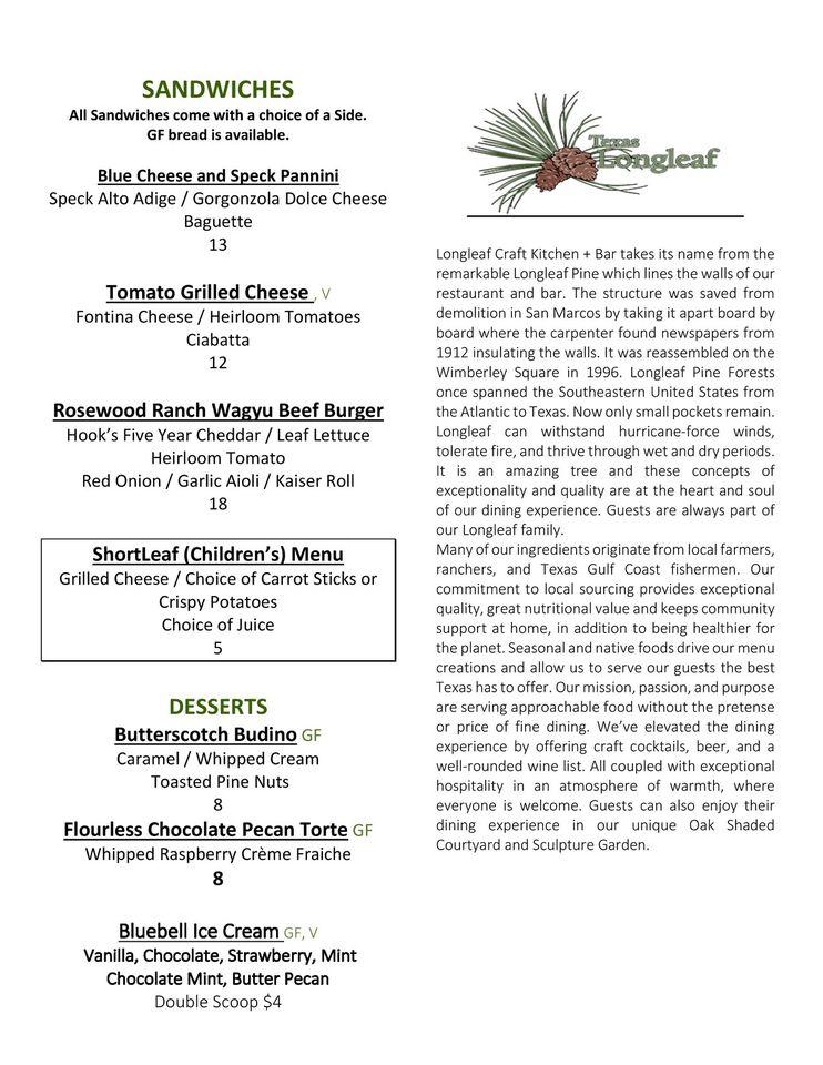 Menu at Longleaf Craft Kitchen + Bar, Wimberley