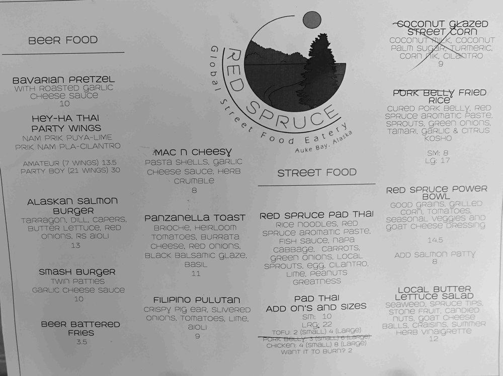 Menu at Red Spruce restaurant, Juneau