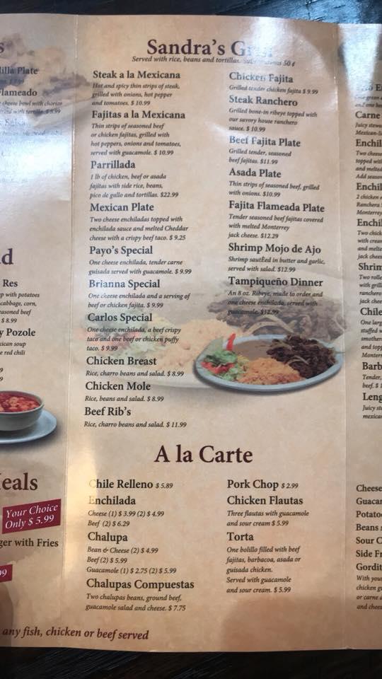Menu at Sandra's Mexican Food restaurant, San Antonio, Potranco Rd