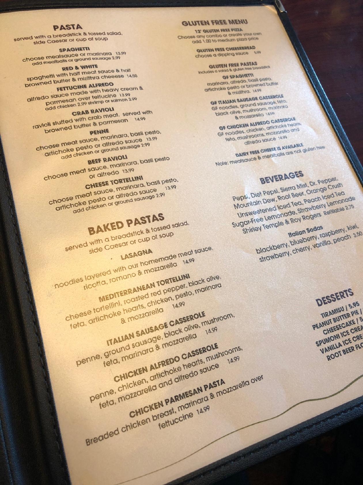 Menu at Spiro's Pizza & Pasta pizzeria, Bremerton