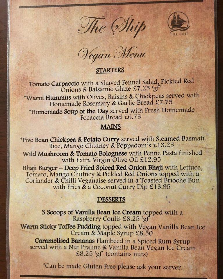 Menu at The Ship pub & bar, Frinton-on-Sea