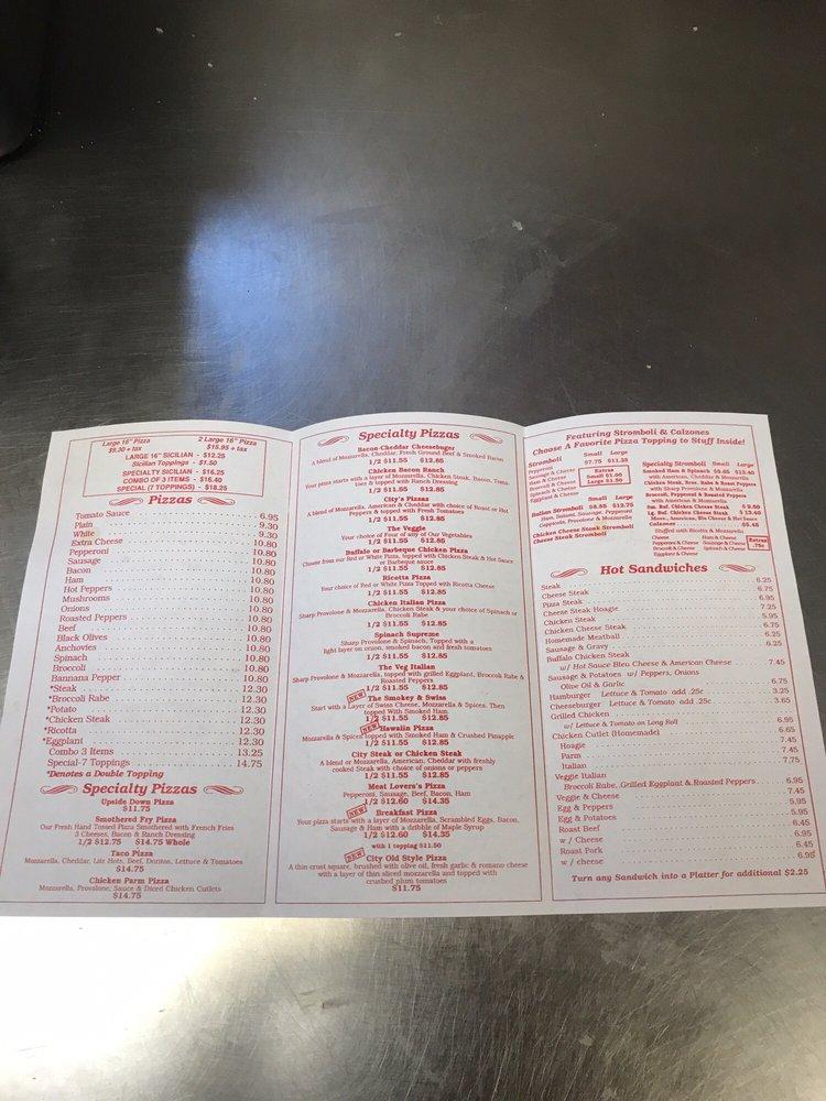 Menu at City Pizza pizzeria, Philadelphia, 100 Snyder Ave