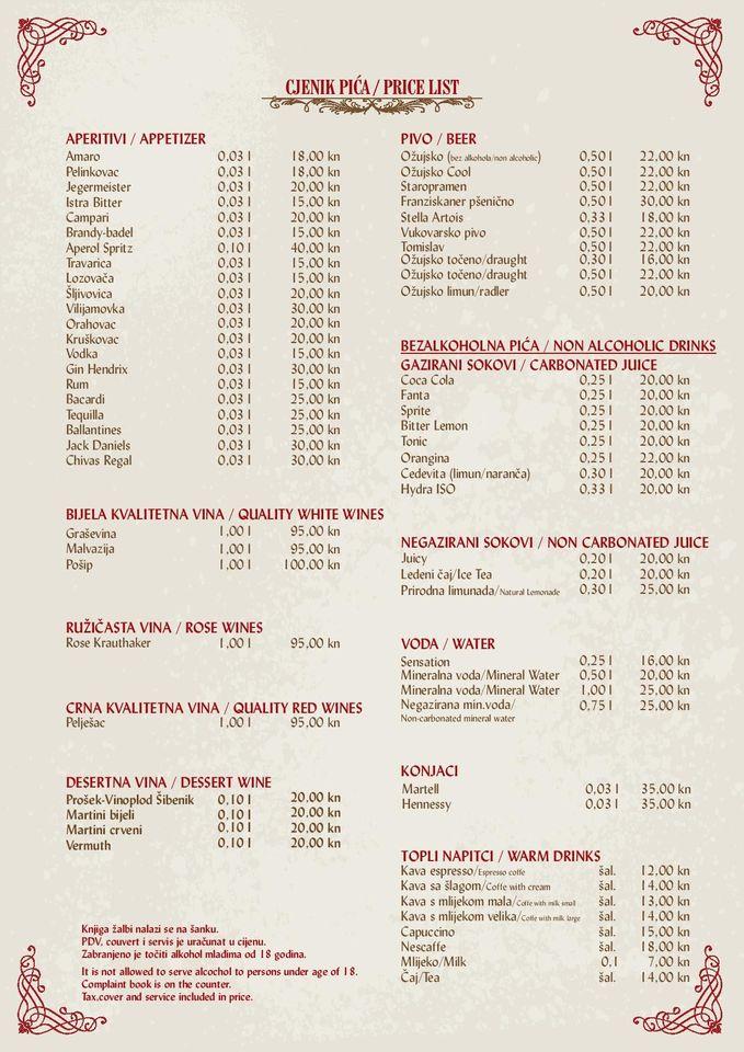 Menu at Siesta Restaurant, Rogoznica