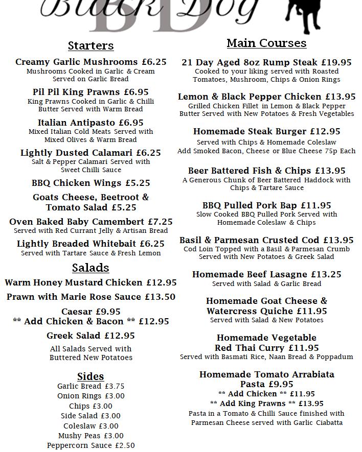 Menu at The Black Dog pub & bar, Waltham Chase