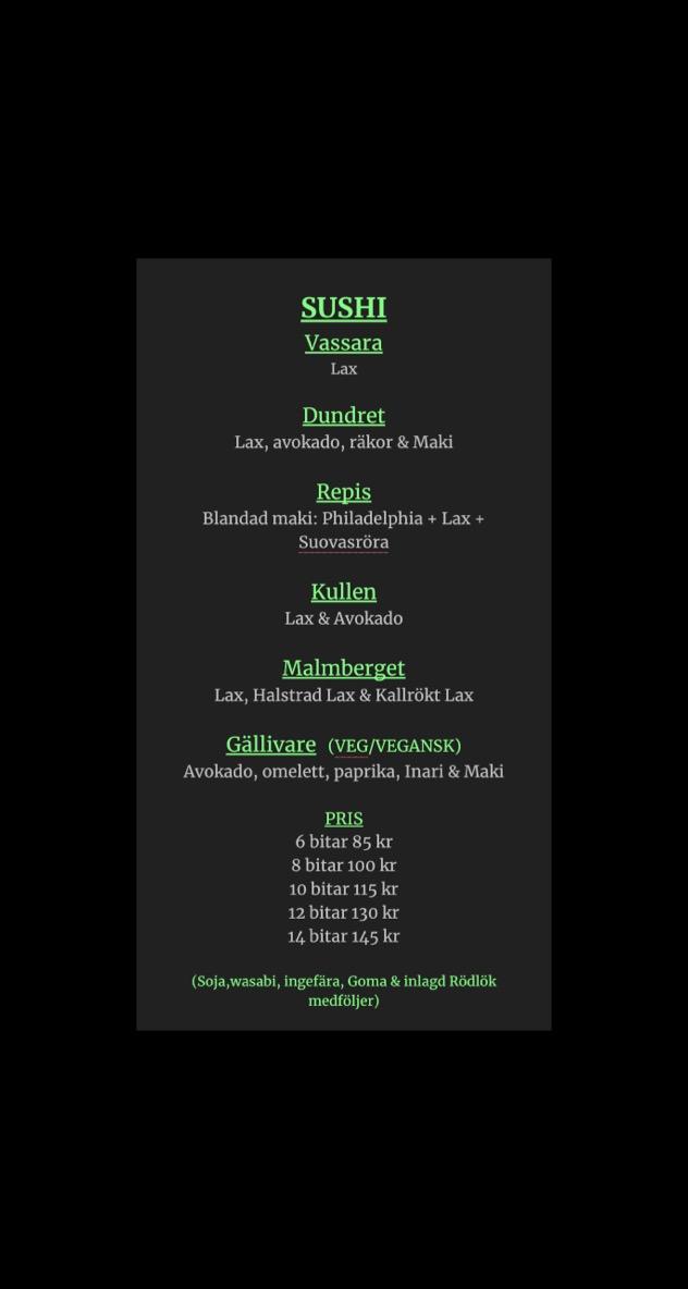 Menu at Wasabi restaurant, Gällivare