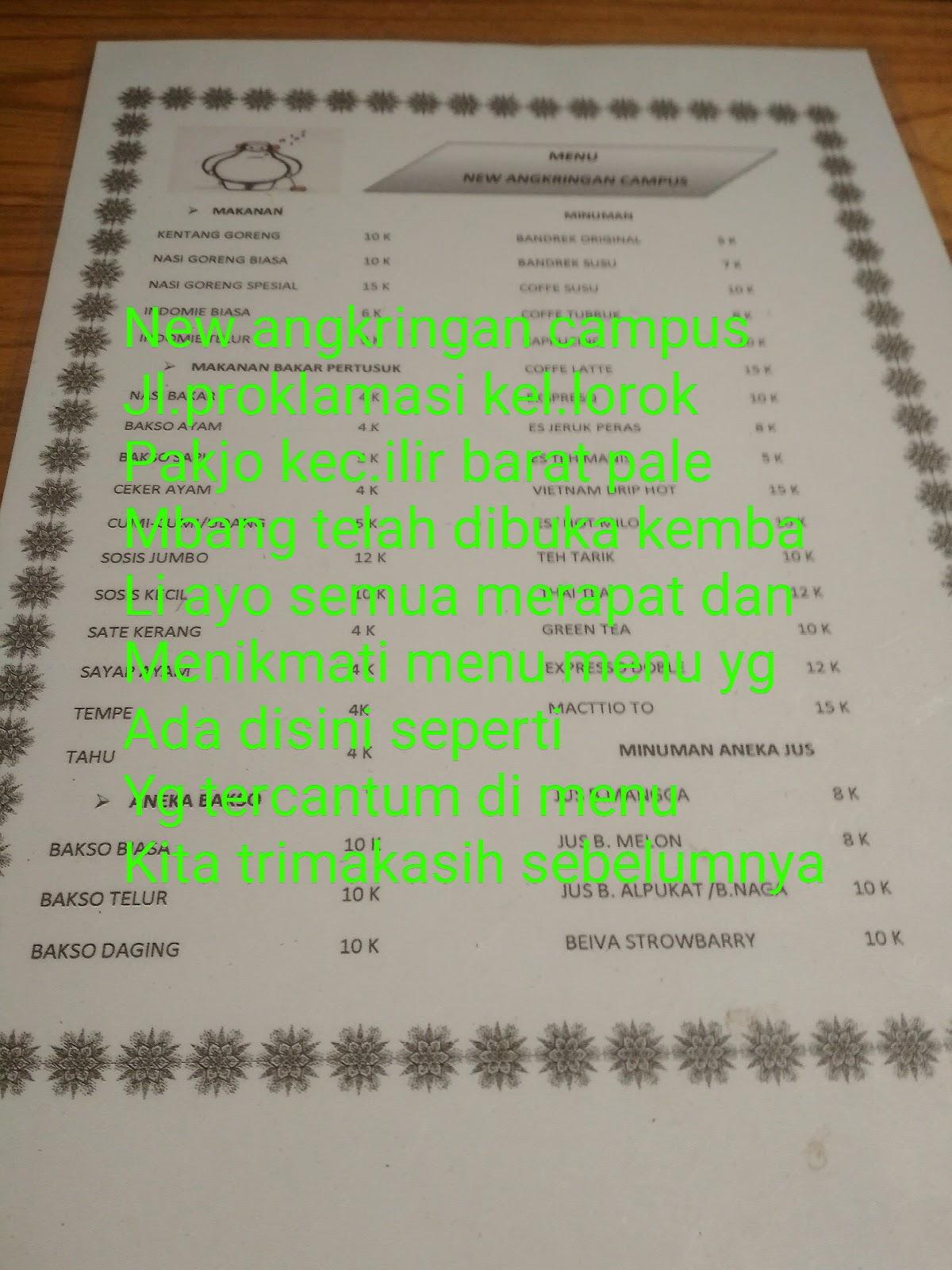 Menu at Angkringan Campus Food Court restaurant, Palembang