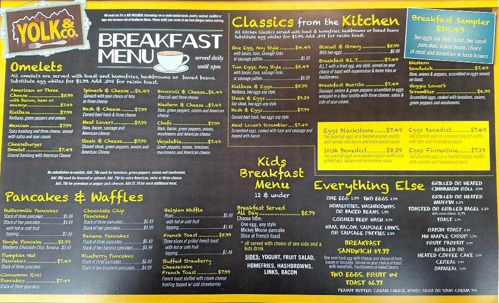 Menu at J&J's Yolk & Co. restaurant, Belmont
