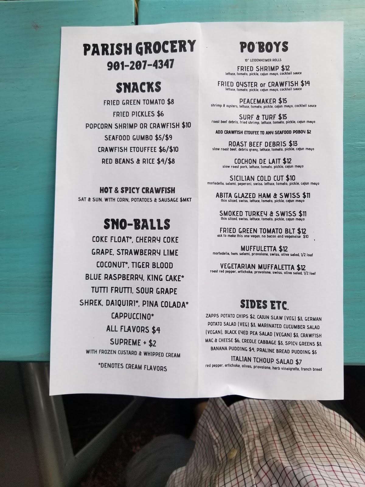 Menu at Parish Grocery restaurant, Memphis, 916 Cooper St