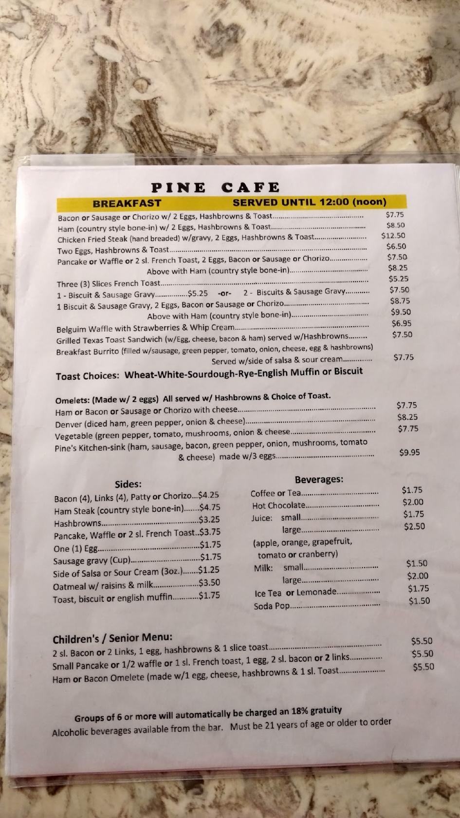 Menu at Pine Cafe, USA
