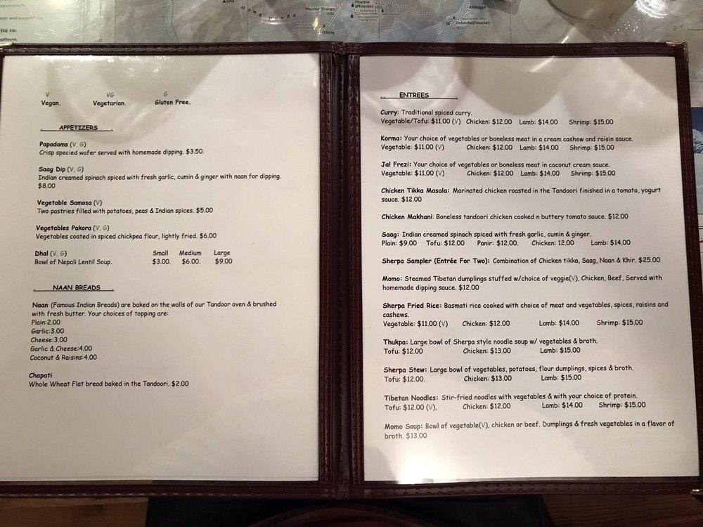 Menu at Sherpa Cafe, Gunnison