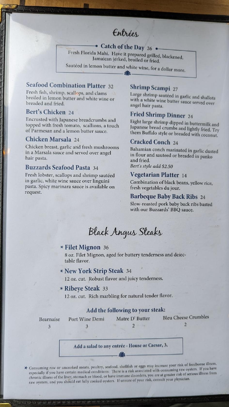 Menu at The Buzzard's Roost pub & bar, Key Largo