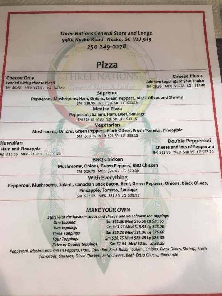 Menu at 3 Nations Store restaurant, Canada
