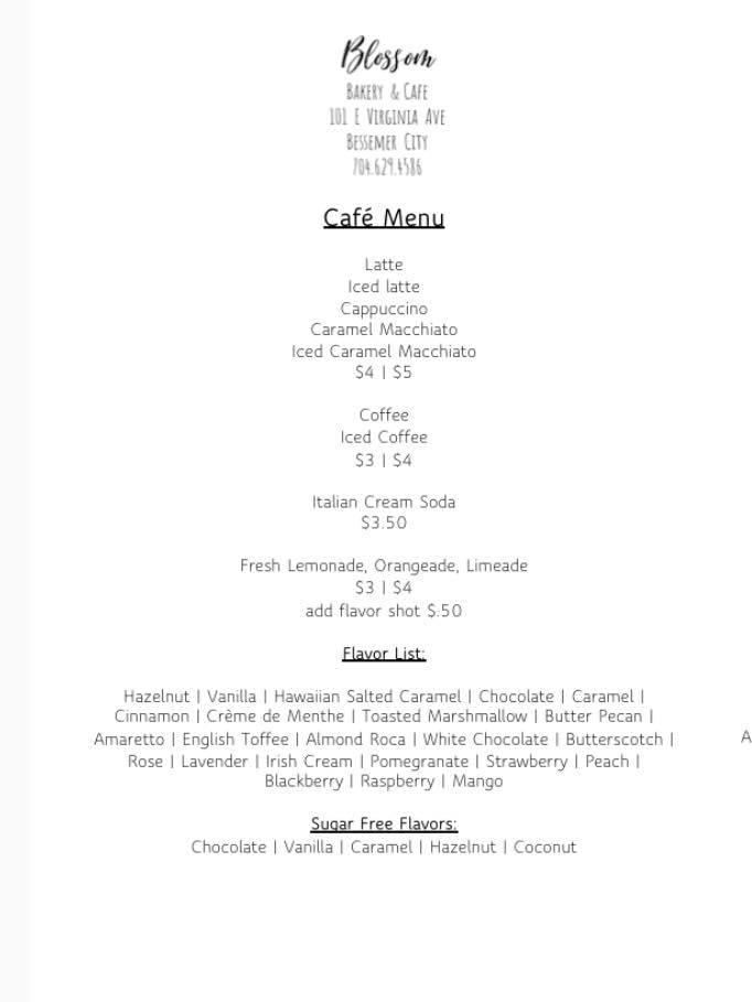 Menu at Blossom cafe, Bessemer City