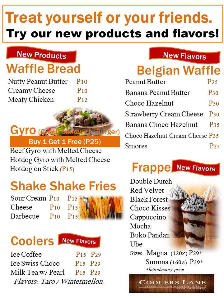 Menu at Coolers Lane restaurant, Valenzuela