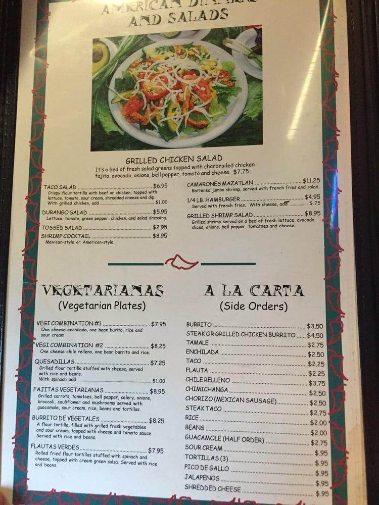 Menu at Durango's restaurant, Lexington