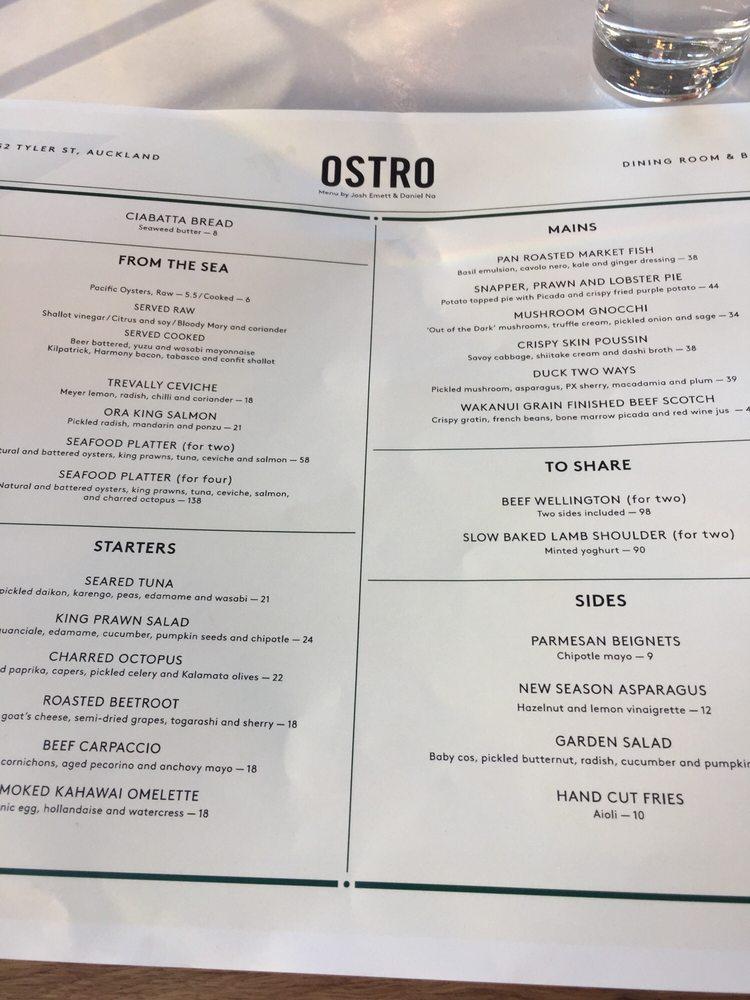 Menu at Ostro Brasserie & Bar, Auckland, 52 Tyler St
