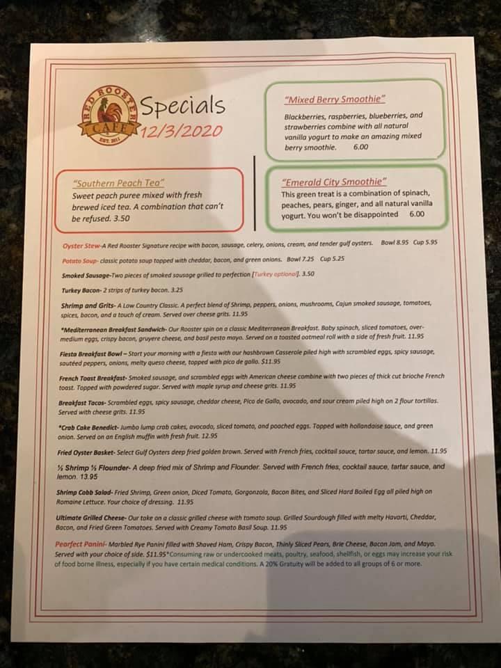 Menu at Red Rooster Cafe, Beaufort, Boundary St