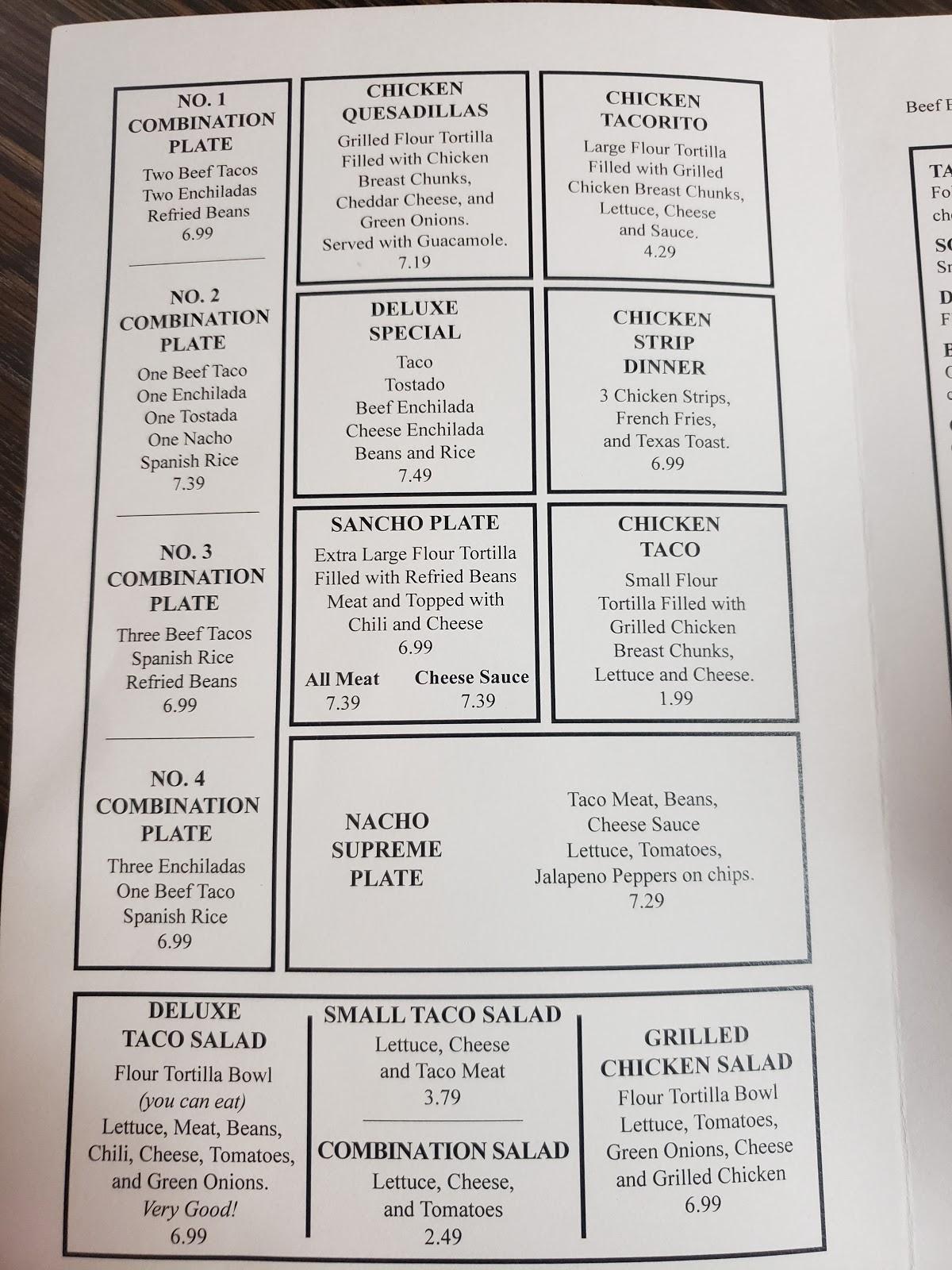 Menu at Taco Village restaurant, Alva
