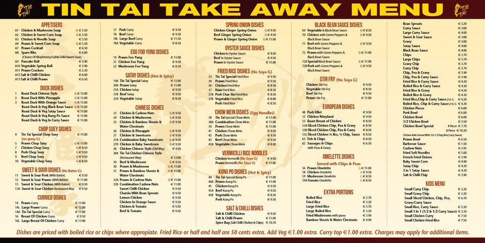 Menu at Tin Tai restaurant, Letterkenny