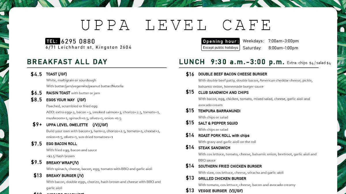 Menu at Uppa Level Cafe, Kingston