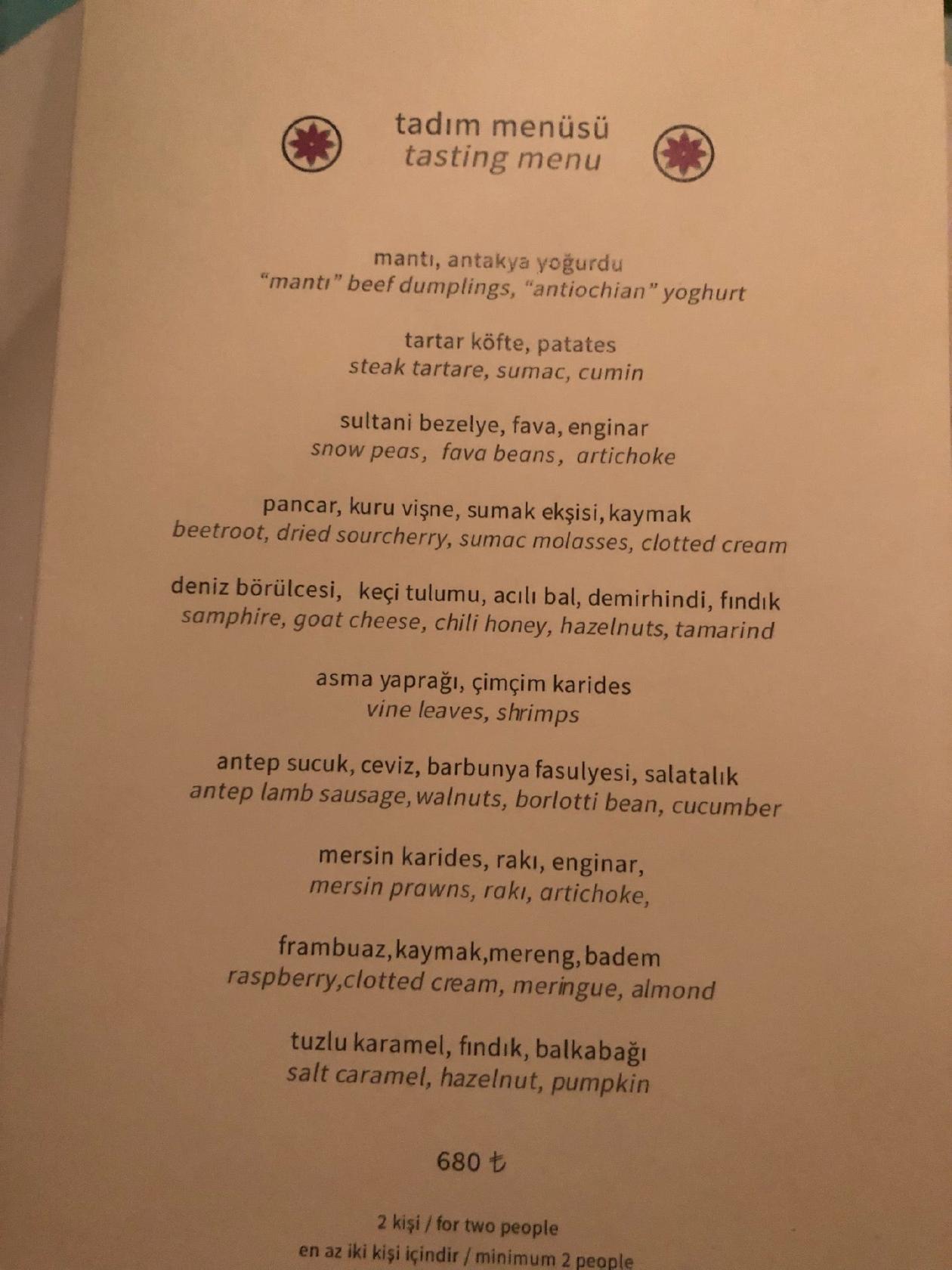 Menu at Yeni Lokanta, Istanbul, Kumbaracı Ykş. No:66