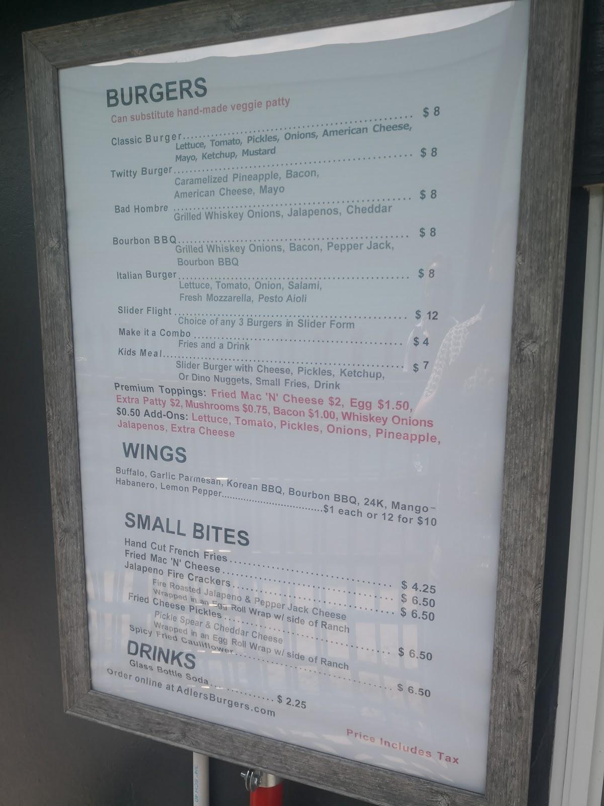 Menu at Adler’s restaurant, Winter Haven