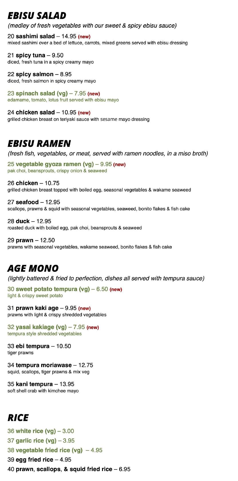 Carta del restaurante Ebisu, Weston-super-Mare