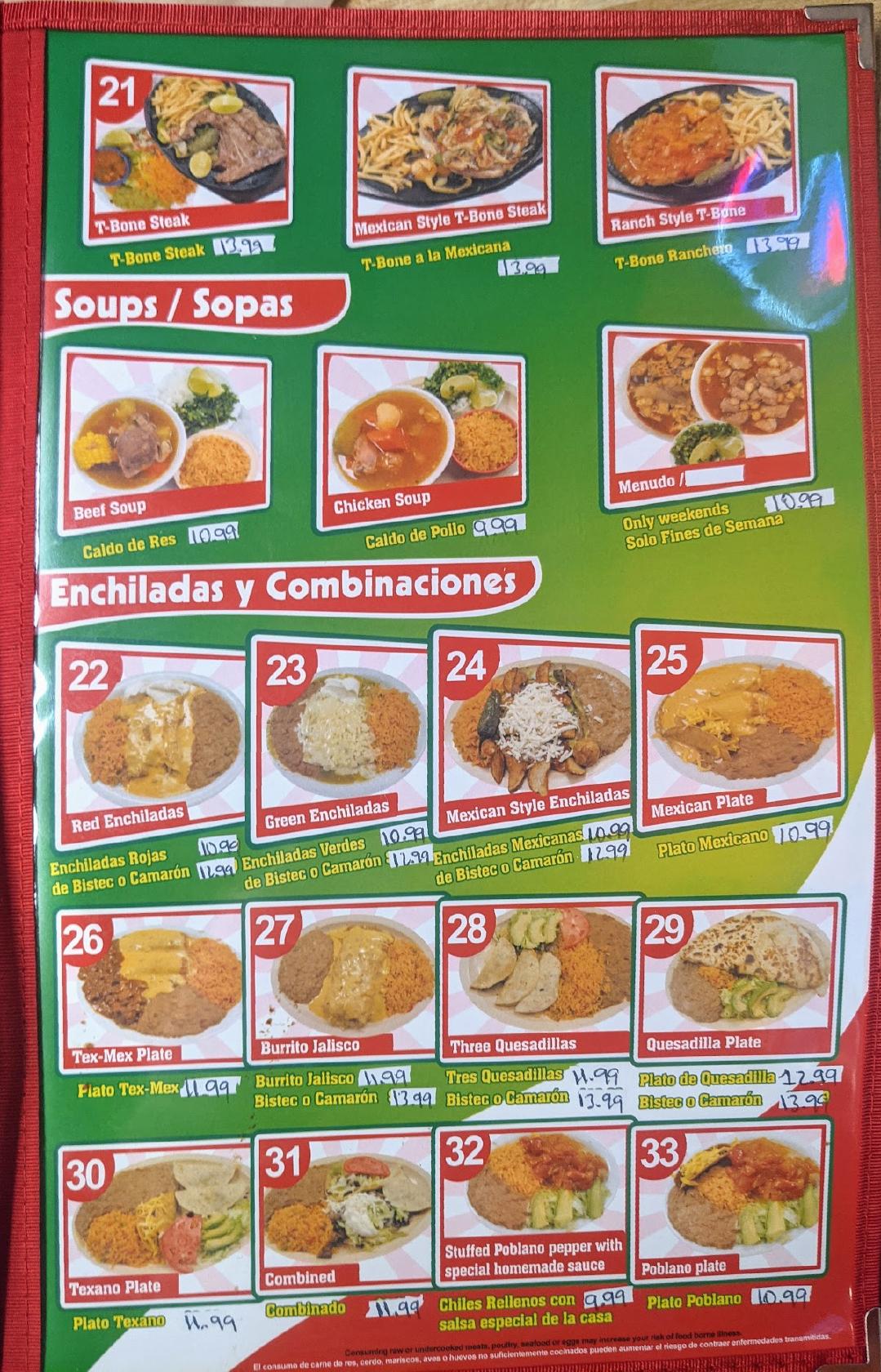 Menu at El Sol De Mexico restaurant, Bryan, 705 N Texas Ave