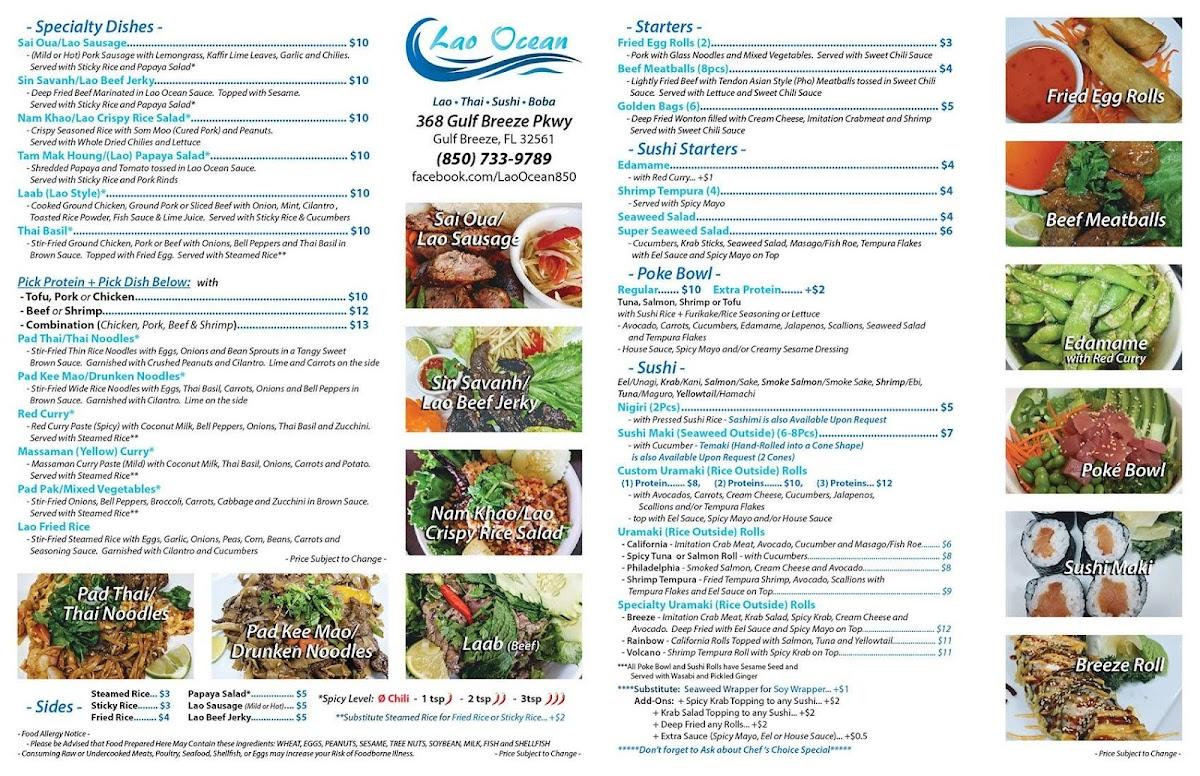 Menu at Lao Ocean restaurant, Gulf Breeze