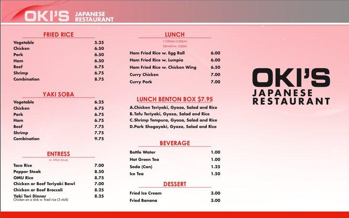 Menu at Oki's Japanese Restaurant, Havelock