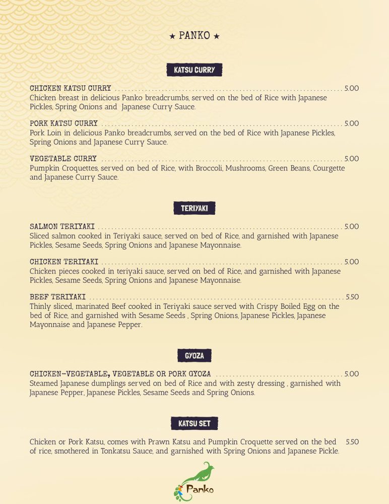 Menu at Panko cafe, Glasgow
