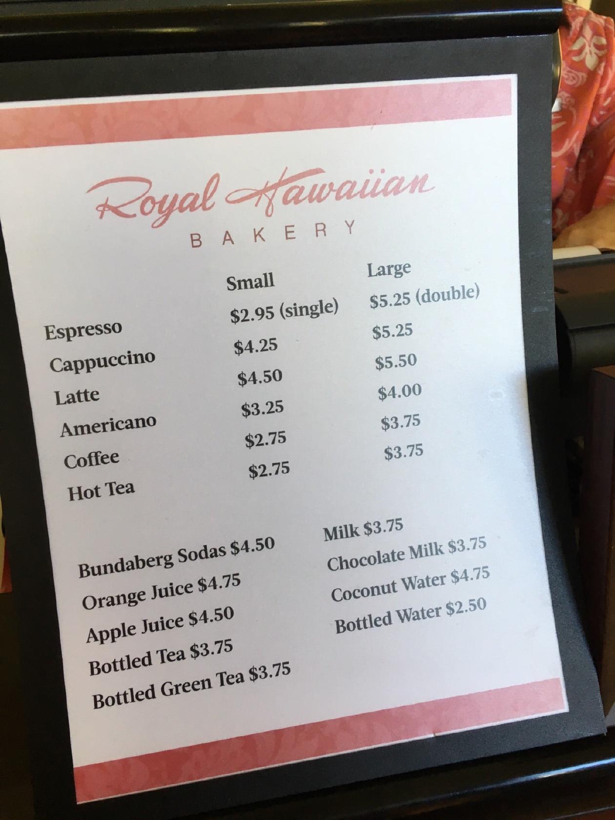Menu at Royal Hawaiian Bakery, Honolulu